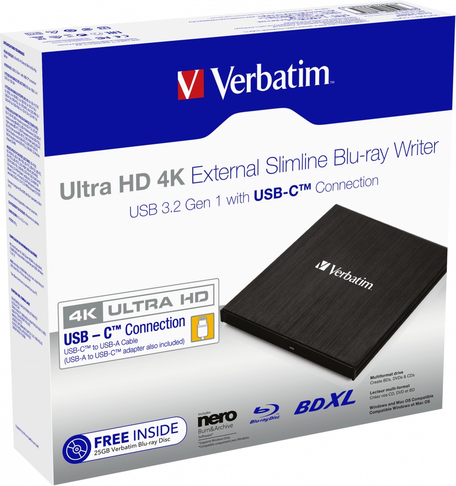 Verbatim 43888 4K UHD Blu-ray Burner External Drive BD-RE BU40N LG FLA ...
