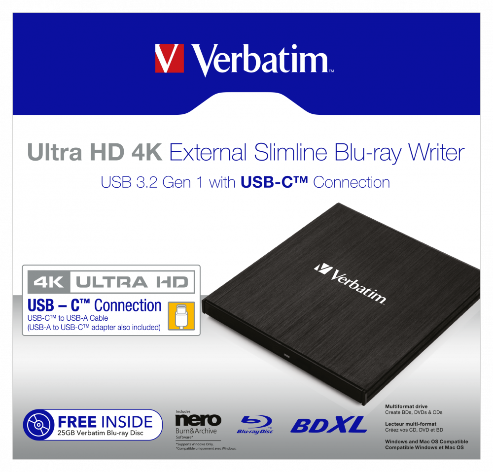 Verbatim 43888 4K UHD Blu-ray Burner External Drive BD-RE BU40N LG FLA ...