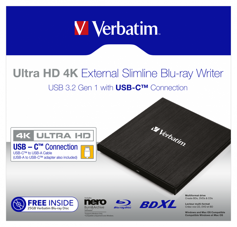 Verbatim 43888 4K UHD Blu-ray Burner External Drive BD-RE BU40N LG FLA ...